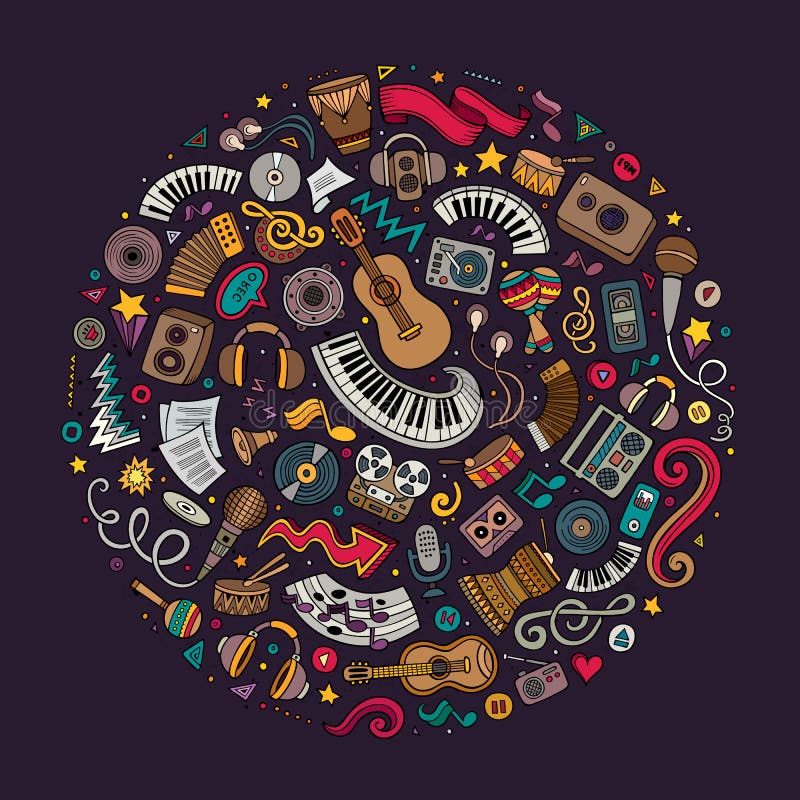 Set of Musical Cartoon Doodle Objects Stock Vector - Illustration of ...