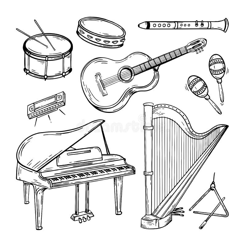 Set Musical Instruments Hand Drawn Style. Vector Black and White Doodle ...