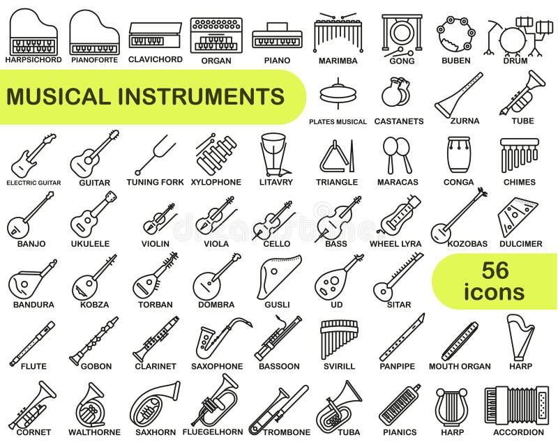 Set of Musical Instruments in Thin Line. Pictures of Different Musical ...