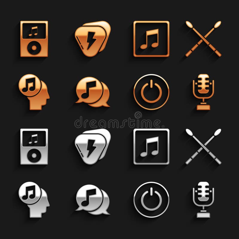 Set Musical Note in Speech Bubble, Drum Sticks, Microphone, Power ...