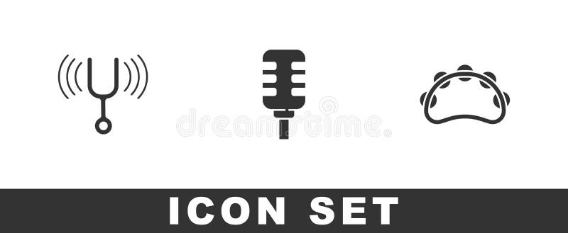 Set Musical Tuning Fork, Microphone and Tambourine Icon. Vector Stock ...