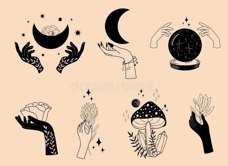 Set of Mystical Illustrations, Magic Objects, Witchy Hands with Moon ...
