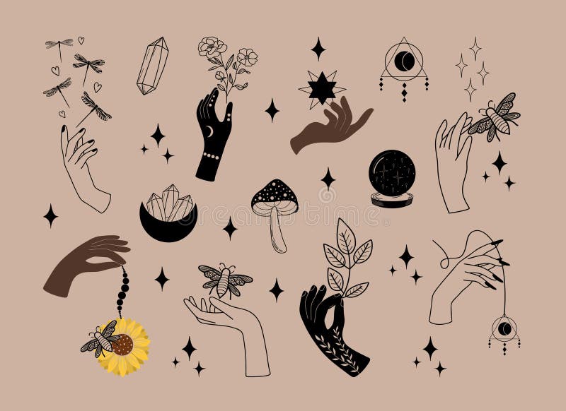 Set of Mystical Illustrations, Magic Objects, Witchy Hands, Moon, Stars, Mushrooms and Crystals ...