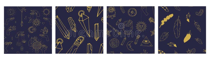 Set of 4 Mystical Seamless Patterns with Crystals and Celestial Sun and ...