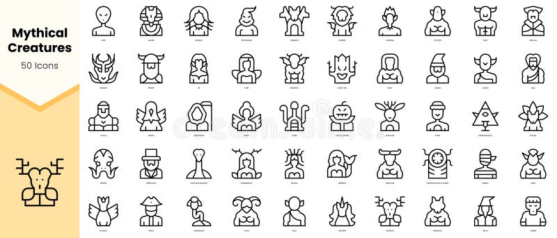 Set of Mythical Creatures Icons. Simple Line Art Style Icons Pack Stock ...