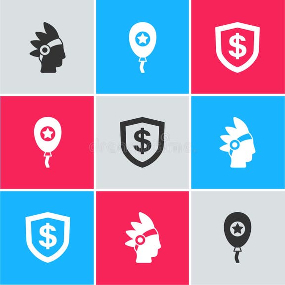 Set Native American Indian, Balloons and Shield with Dollar Icon ...