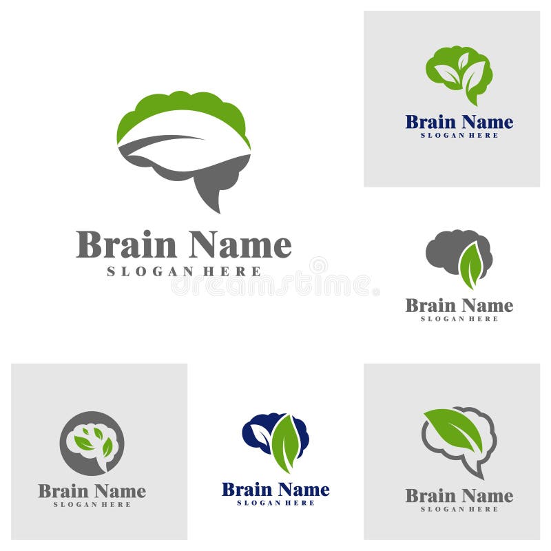 Set of Nature Brain Logo Design Vector. Creative Brain with Leaf Logo Concepts Template Stock ...
