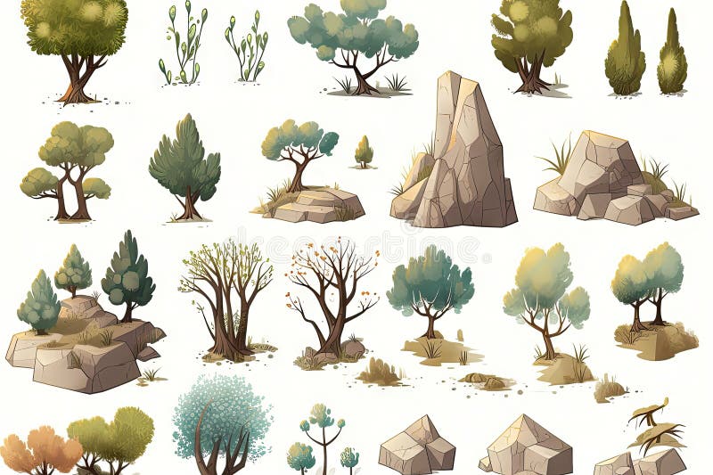 Set Nature Objects, Nature Game Assets, Trees, Rocks, Illustration ...