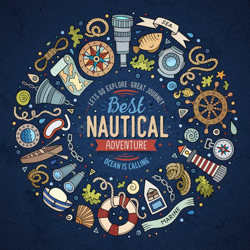 Set of Nautical Cartoon Doodle Objects, Symbols and Items Stock Vector ...