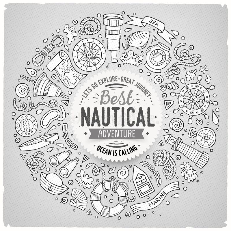 Set of Nautical Cartoon Doodle Objects, Symbols and Items Stock Vector ...