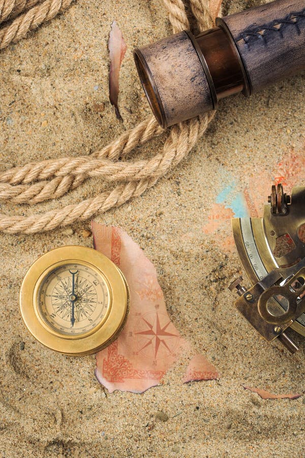 Set of Nautical Instruments, Lying on the Sand and Stock Image - Image ...