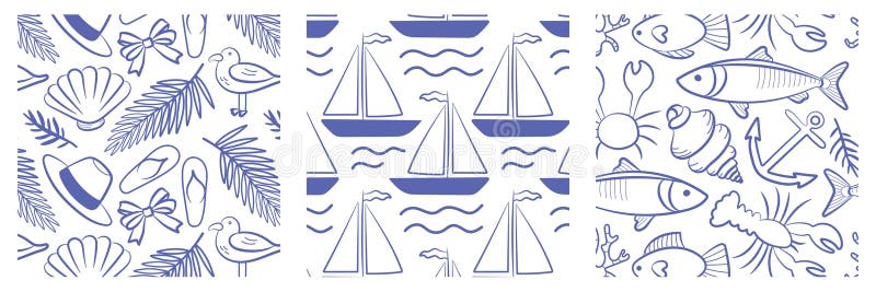 Set of Nautical Seamless Patterns with Sea Animals, Boats and Summer Elements in Linear Style ...