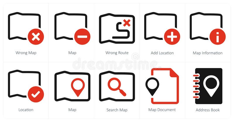 A Set of 10 Navigation Icons As Wrong Map, Map, Wrong Route Stock ...