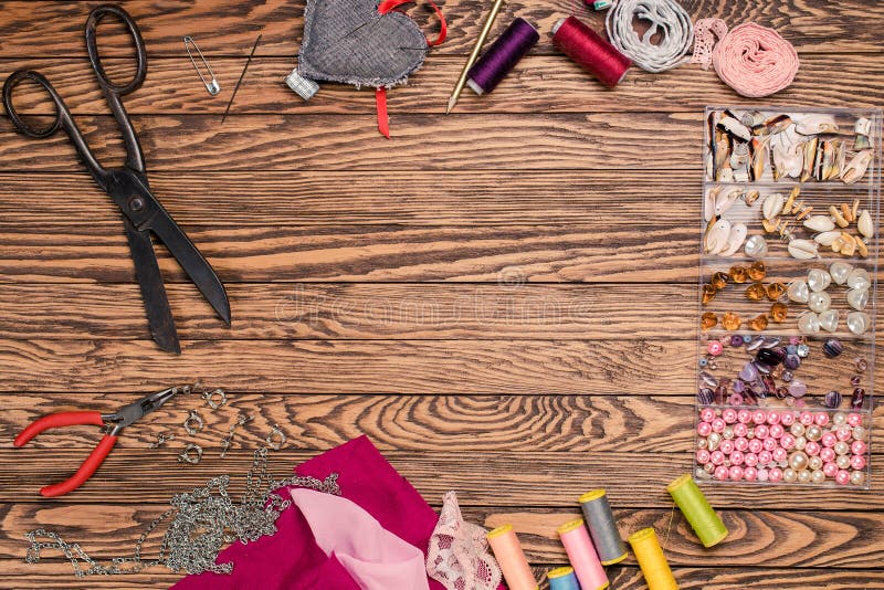 Set Needlework Placed Wooden Background Materials Tools Top View Lot ...