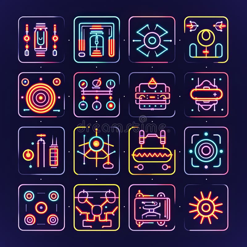 A Set of Neon Icons with a Variety of Shapes and Colors. Stock Photo ...