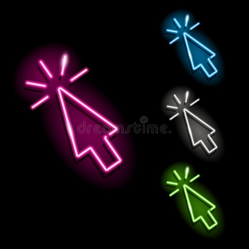 Set of Neon Mouse Cursor Click Icons in Four Different Colours Isolated ...