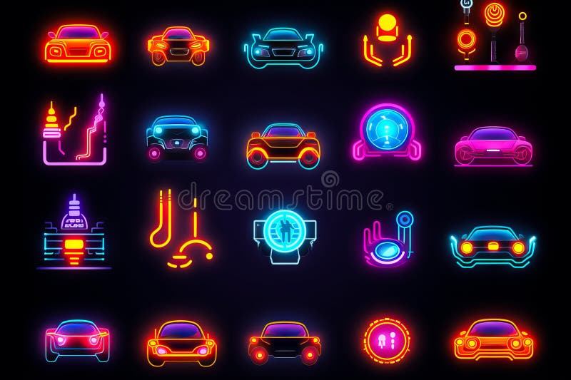 Set of Neon Signs with Different Types of Cars and Trucks. Generative ...
