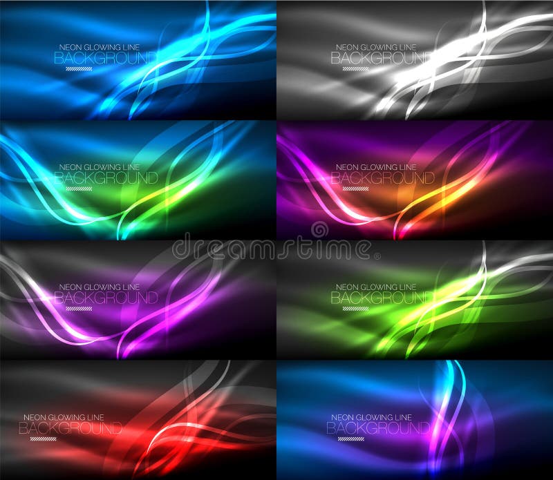 Set of Neon Smooth Light Glowing Waves in the Dark, Abstract ...