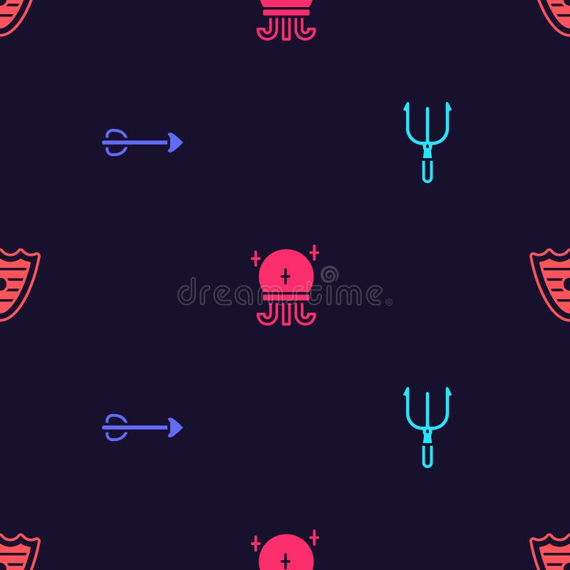 Set Neptune Trident, Arrow, Magic Ball and Shield on Seamless Pattern ...