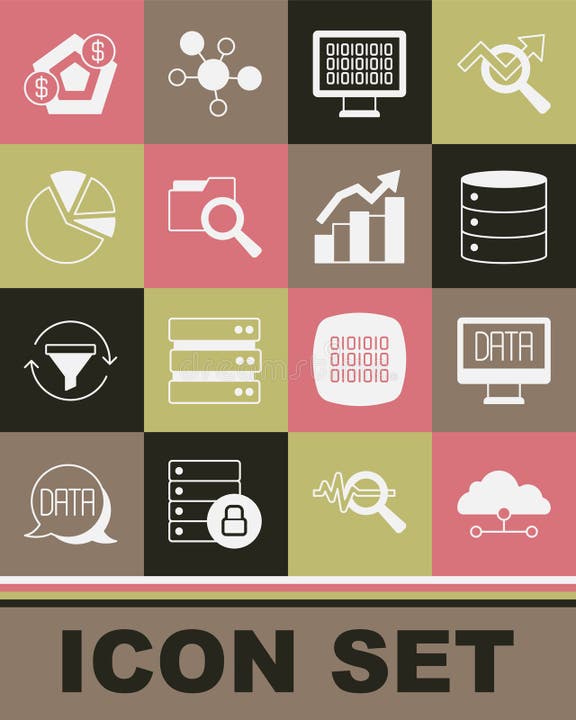 Set Network Cloud Connection, Data Analysis, Server, Binary Code, Search with Folder, Pie Chart ...