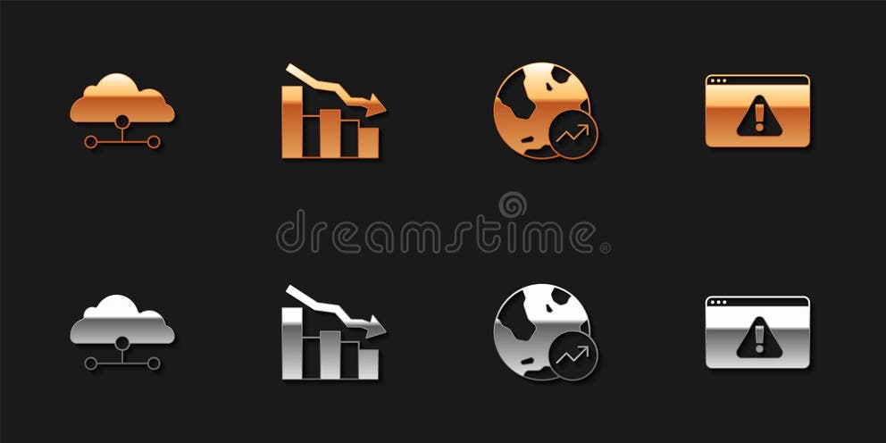 Set Network Cloud Connection, Financial Growth Decrease, and Browser with Exclamation Mark Icon ...