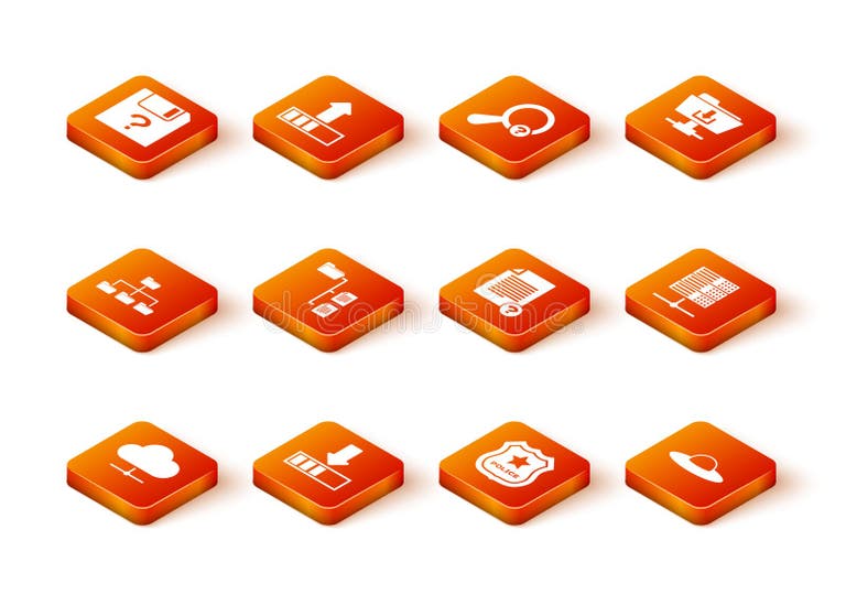 Set Network Cloud Connection Loading Folder Tree Police Badge And Unknown Document Icon