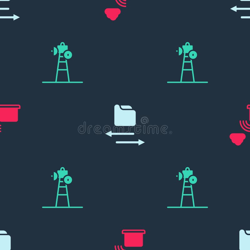 Set Network Cloud Connection Transfer Files And Satellite Dish On Seamless Pattern Vector
