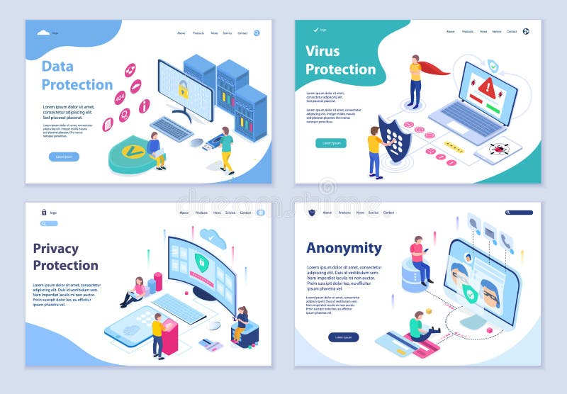 Set of Network and Data Protection Concepts, 3D Isometric Design Vector ...