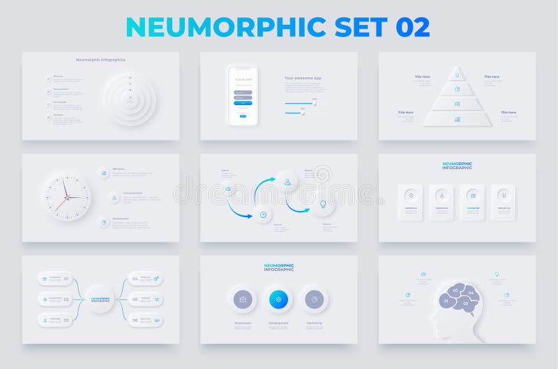 Set of Neumorphic Infographic Templates. Clock, Smartphone, Brain and ...
