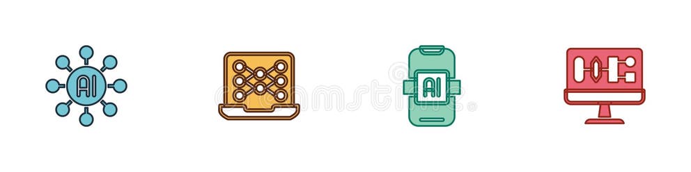 Set Neural Network, Artificial Intelligence AI and Algorithm Icon. Vector Stock Illustration ...