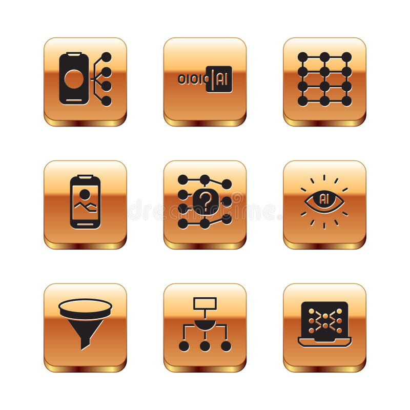 Set Neural Network Funnel Filter Algorithm Mobile Phone And Binary Code Icon Vector Stock