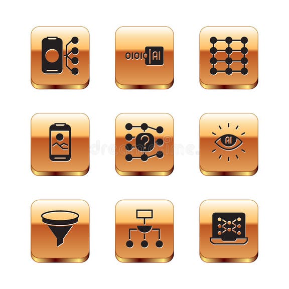 Set Neural Network Funnel Filter Algorithm Mobile Phone And Binary Code Icon Vector Stock