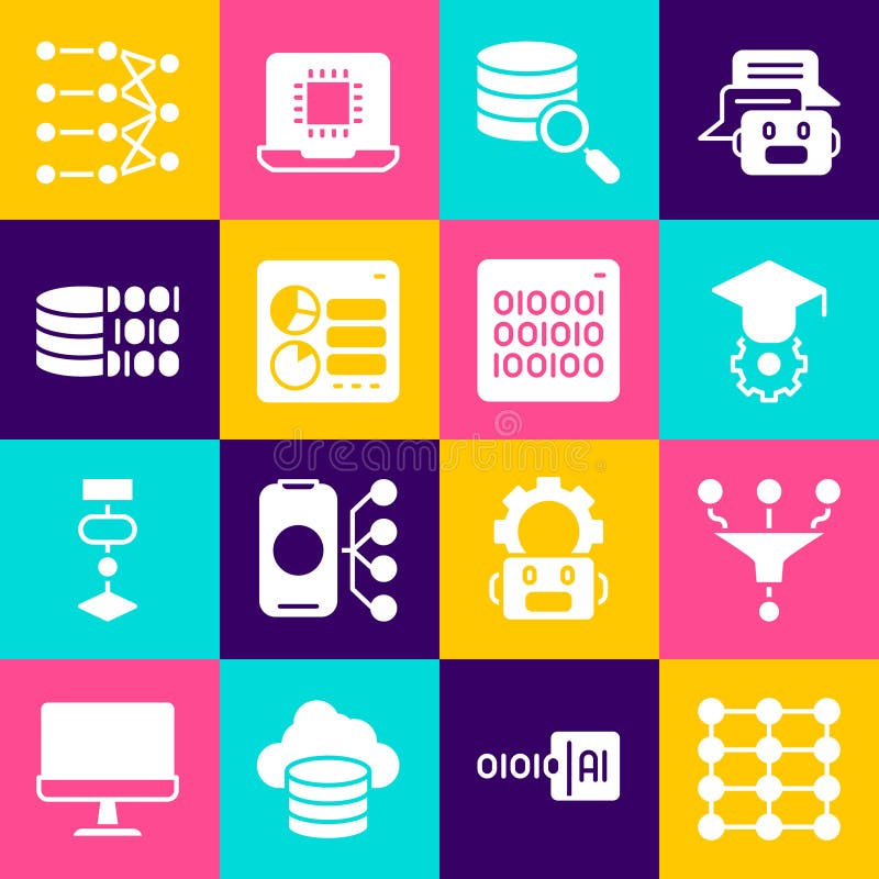 Set Neural Network Funnel Filter Graduation Cap Server Computer Api Interface Binary Code