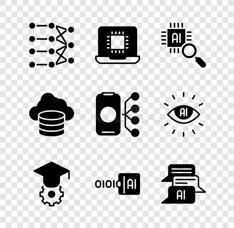 Set Neural Network Processor Cpu Graduation Cap Binary Code Chat Bot Cloud Database And