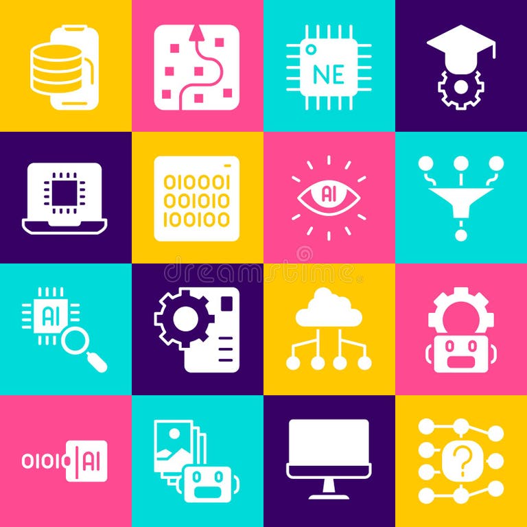 Set Neural Network, Robot Setting, Funnel Filter, Processor CPU, Binary Code, Cloud Technology ...