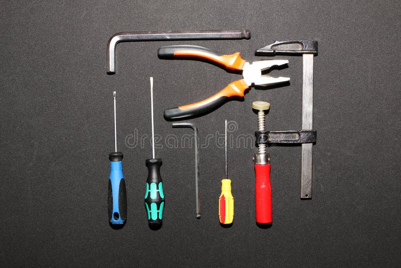 A Set of New Hand Tools on a Black Background Stock Photo - Image of ...