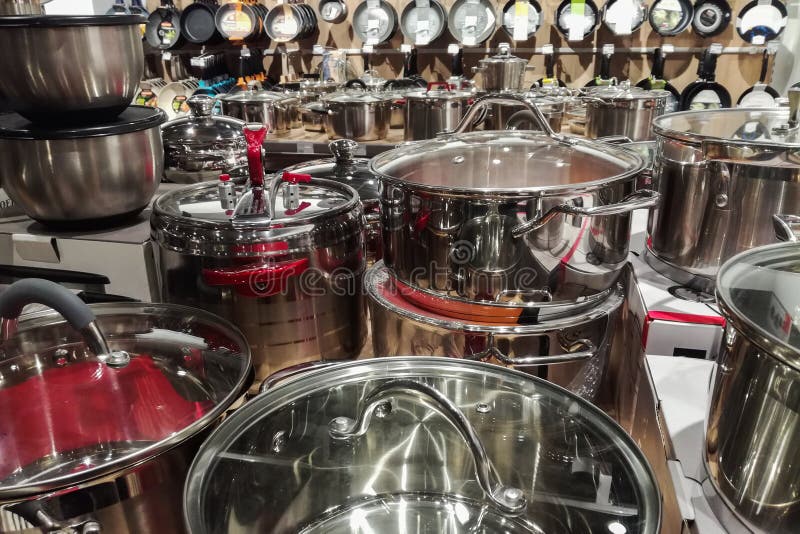 Set of New Metal Pots Kitchen Cookware in a Shop Stock Image - Image of ...