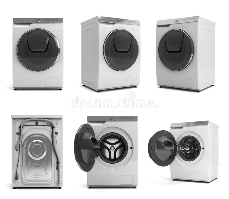 Set of New Modern Washing Machine 3D Render on White Stock Illustration ...