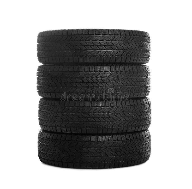 Set of New Winter Tires on White Background Stock Photo - Image of ...