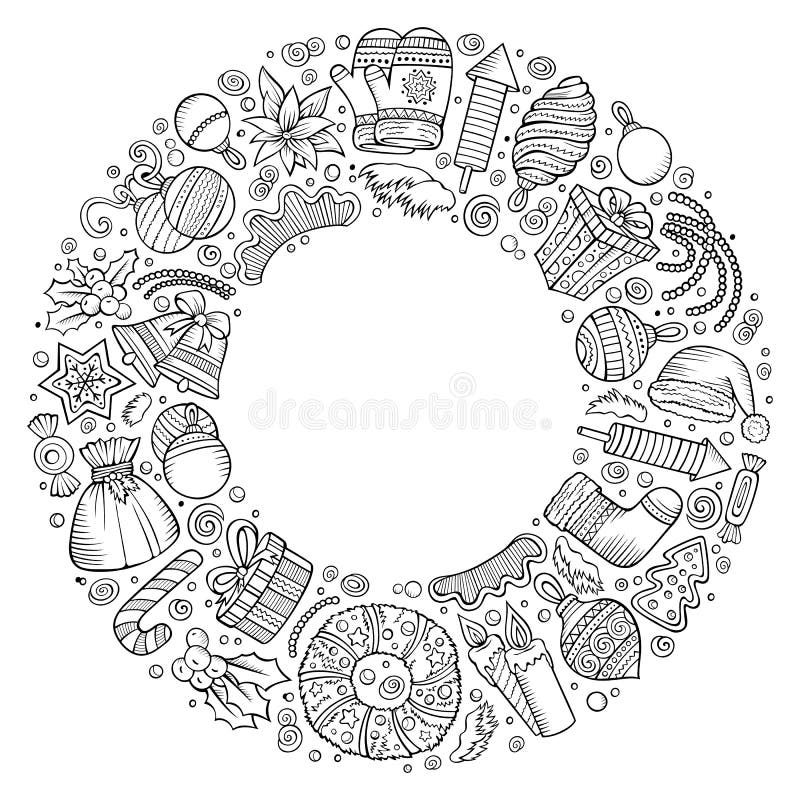 Set of New Year Cartoon Doodle Objects. Round Composition Stock ...