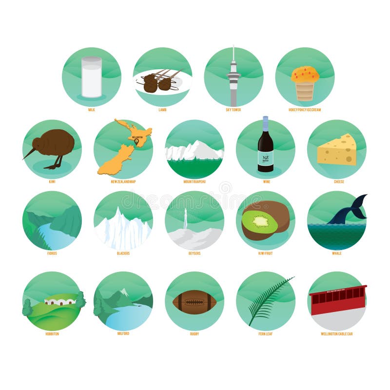 New Zealand icons set. stock vector. Illustration of kauri - 137292072