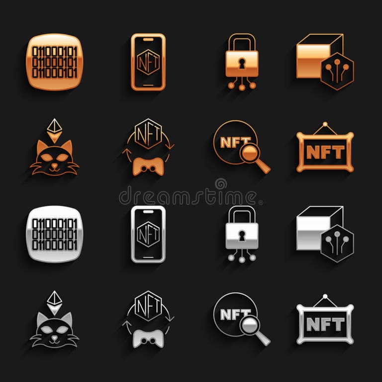 Set NFT Digital Crypto Art, Search, Cyber Security, Binary Code and Mobile with Store App Icon ...