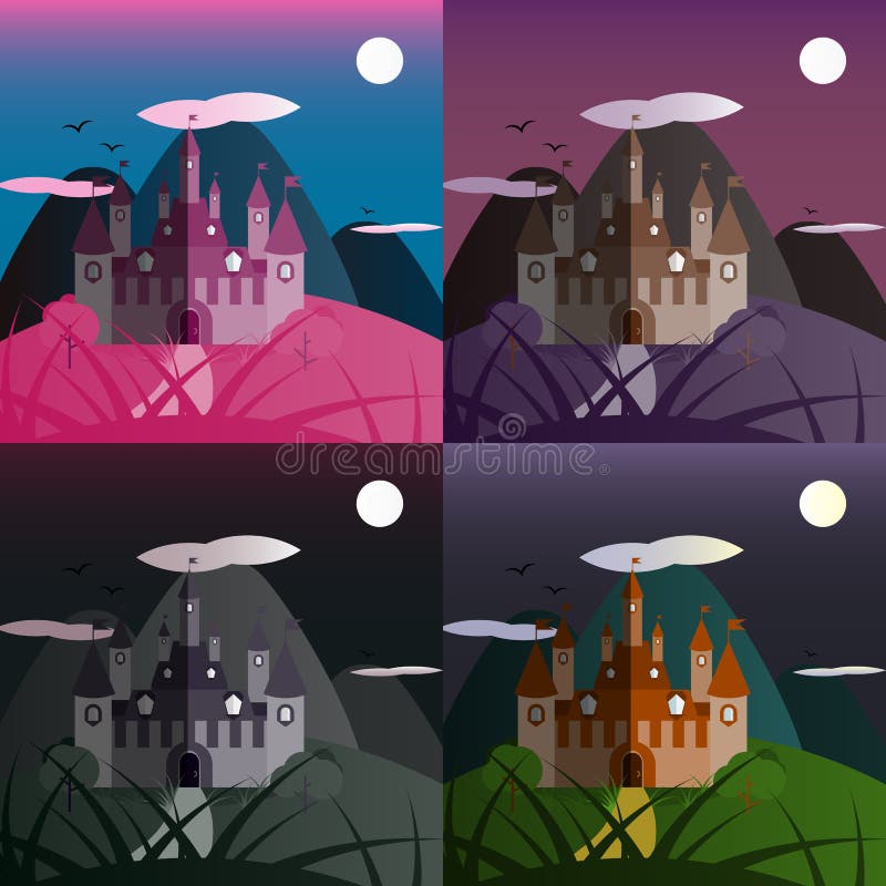 Set of Night Castle Landscapes Stock Vector - Illustration of palace ...