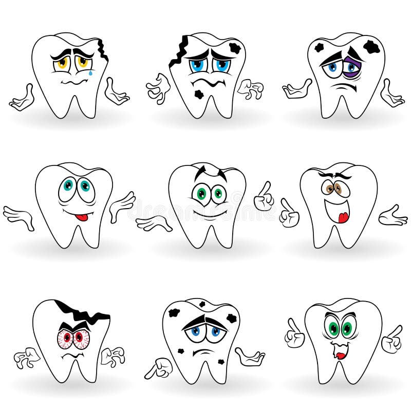 Set of Nine Amusing Cartoon Teeth Stock Vector - Illustration of ...
