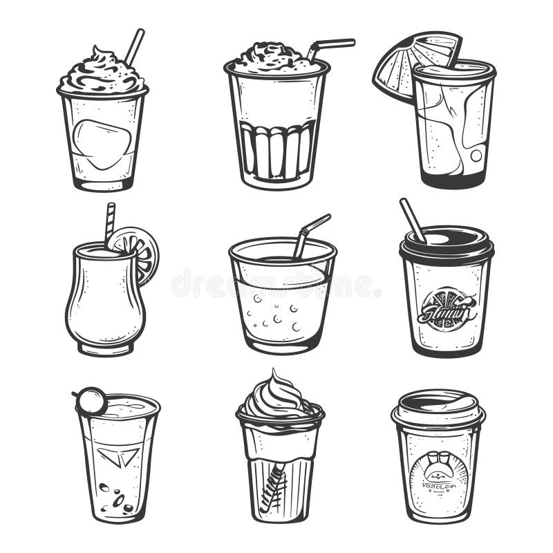 Collection of Nine Hand-Drawn Drinks in Cups and Glasses Stock Vector ...
