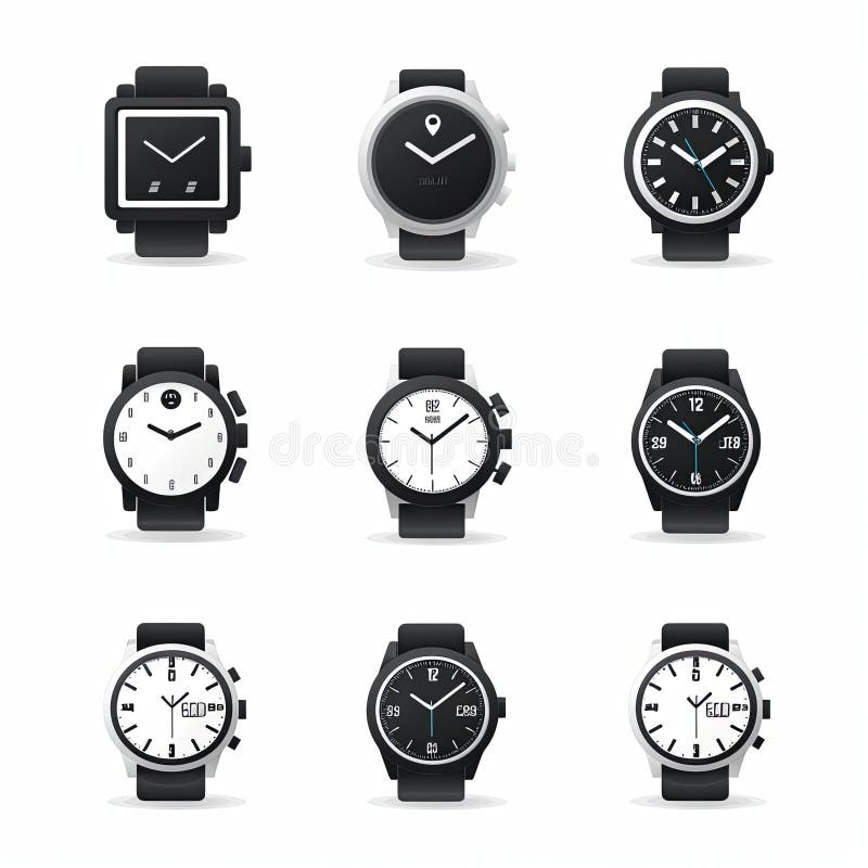 Set of Nine Black Wristwatches with Different Styles and Designs ...