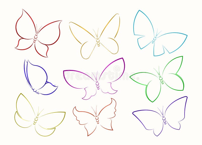 Set of Nine Butterfly Full Color Vector Outline Silhouettes. Stock ...