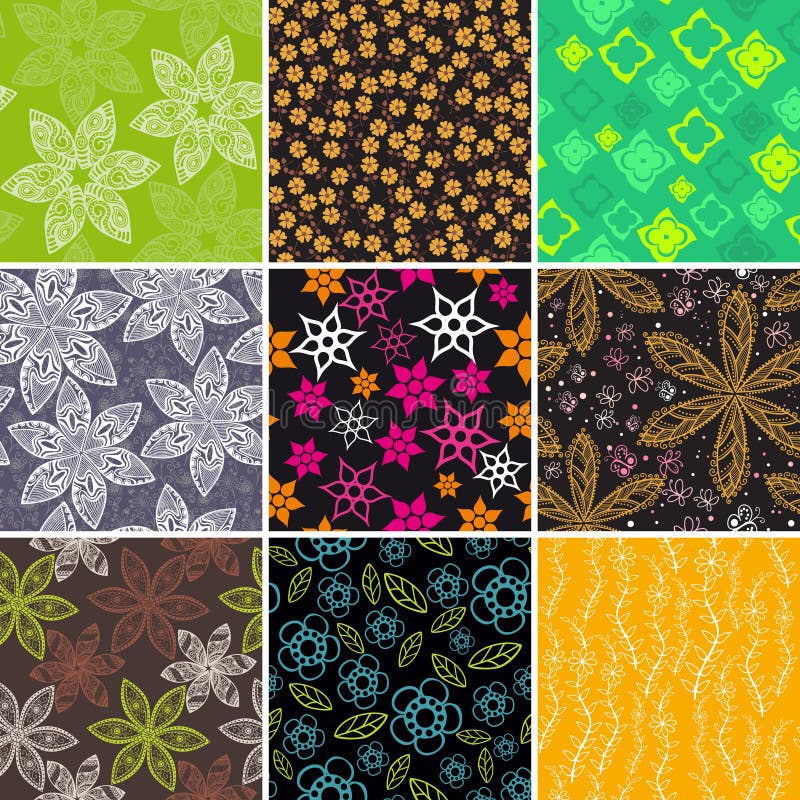 Set of Nine Colorful Flowers Pattern Stock Vector - Illustration of ...
