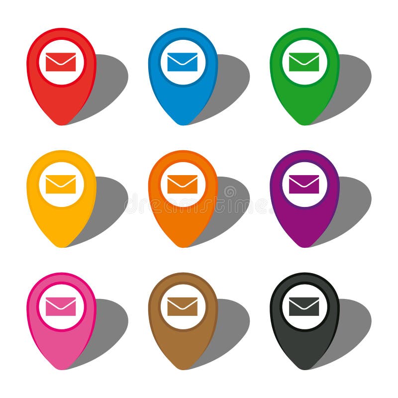 Set of Nine Colorful Map Pointers with Mail Icon in White Circle and ...