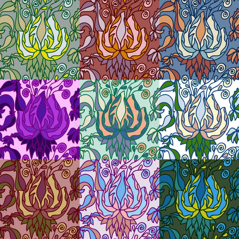 Set of Nine Colorful Seamless Patterns. Stock Vector - Illustration of ...